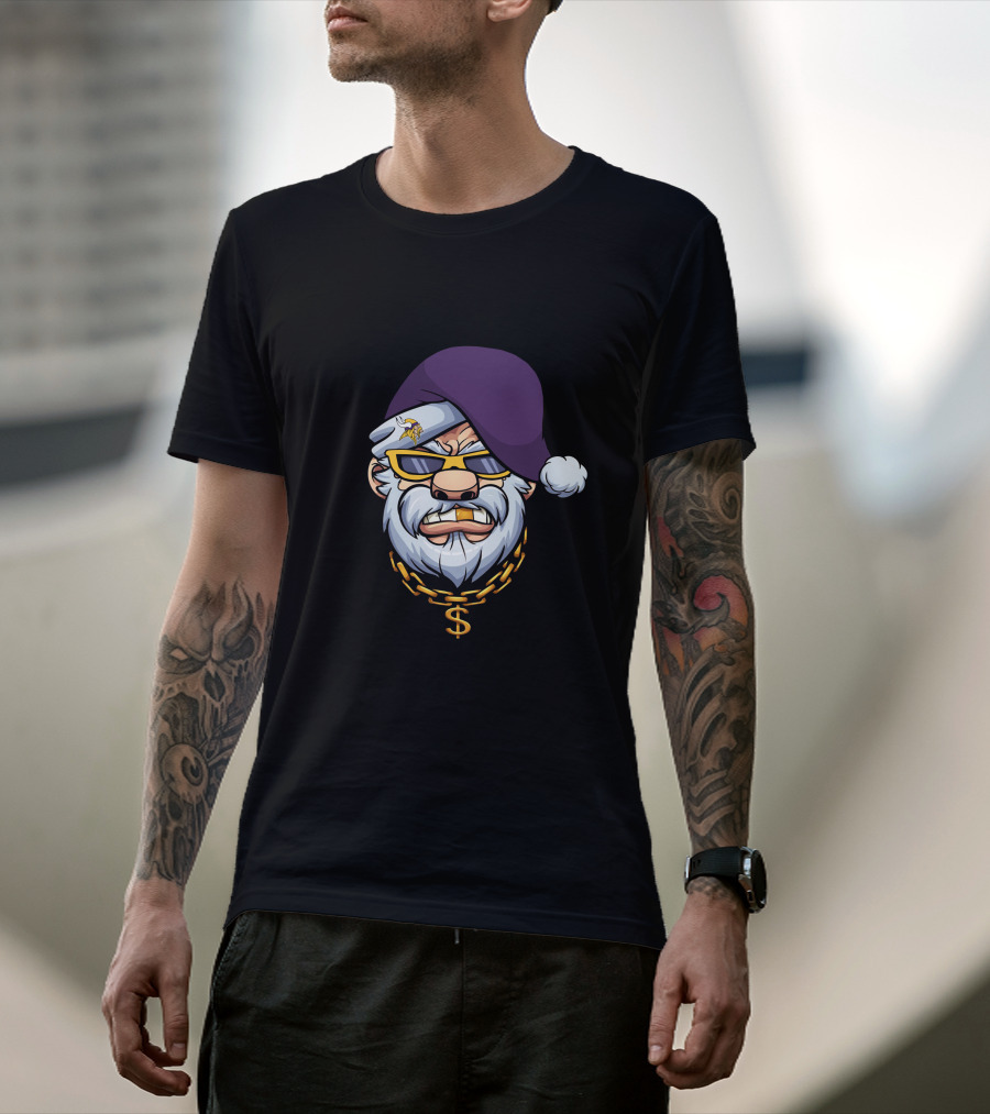 Vikings Gangster Santa With Purple Hat And Gold Chain T-Shirt