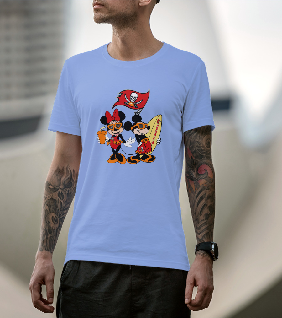 Buccaneers Vacation Mickey And Minnie With Pirate Flag And Surfboard T-Shirt