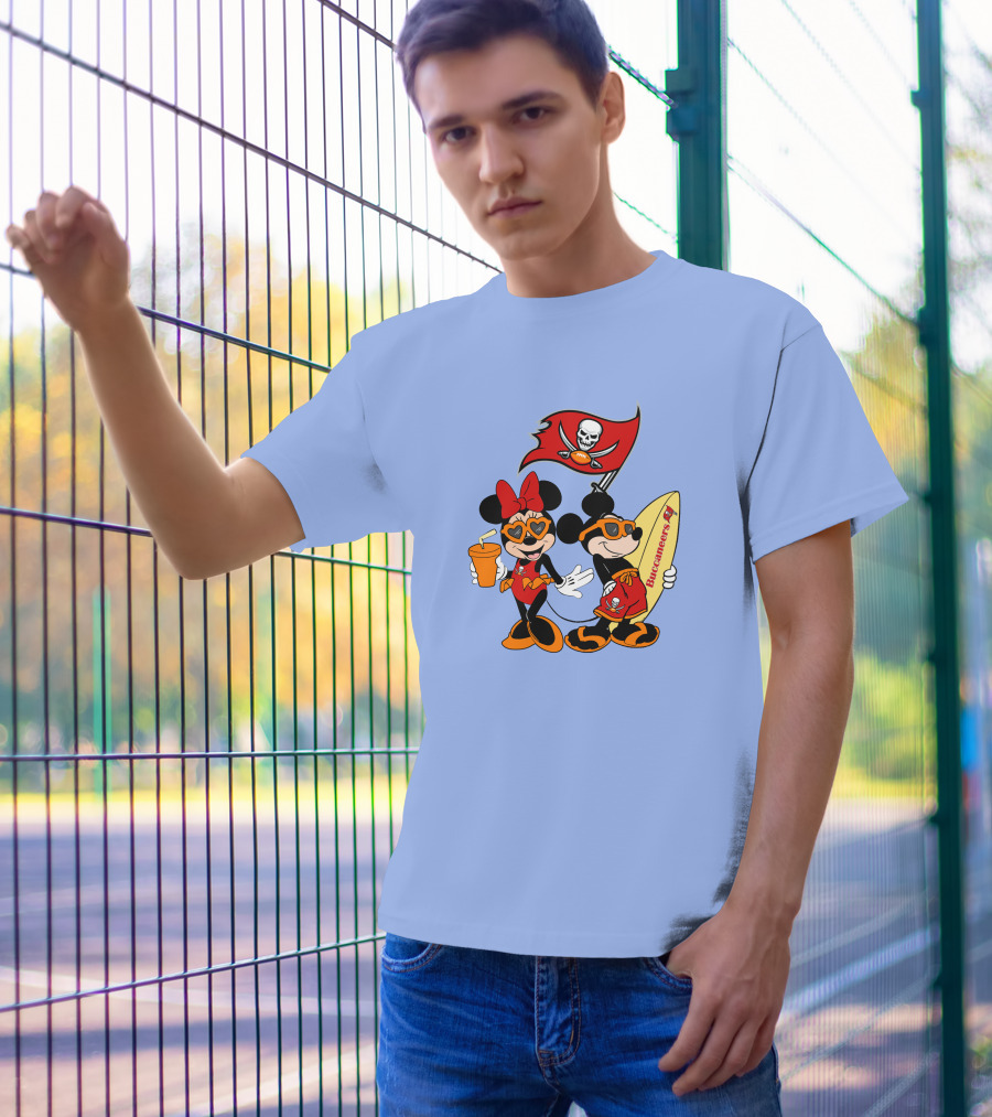 Buccaneers Vacation Mickey And Minnie With Pirate Flag And Surfboard T-Shirt