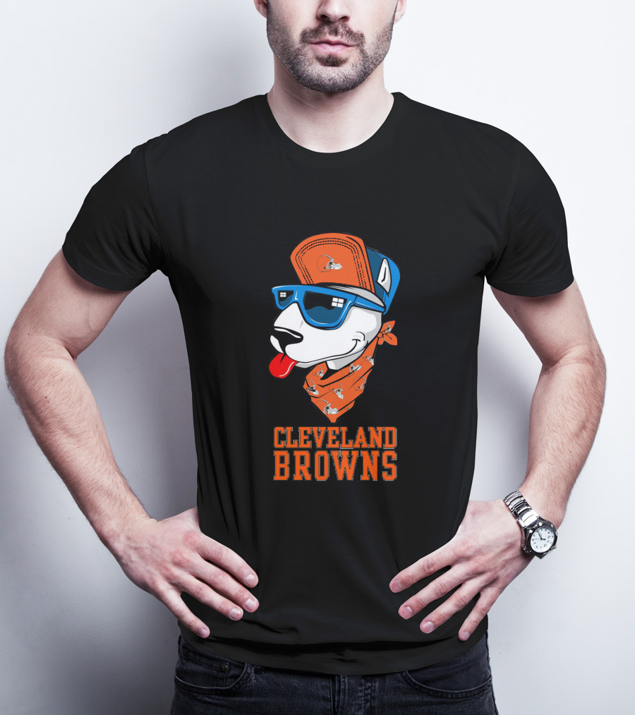 Cleveland Browns Bull Terrier With Sunglasses And Bandana T-Shirt
