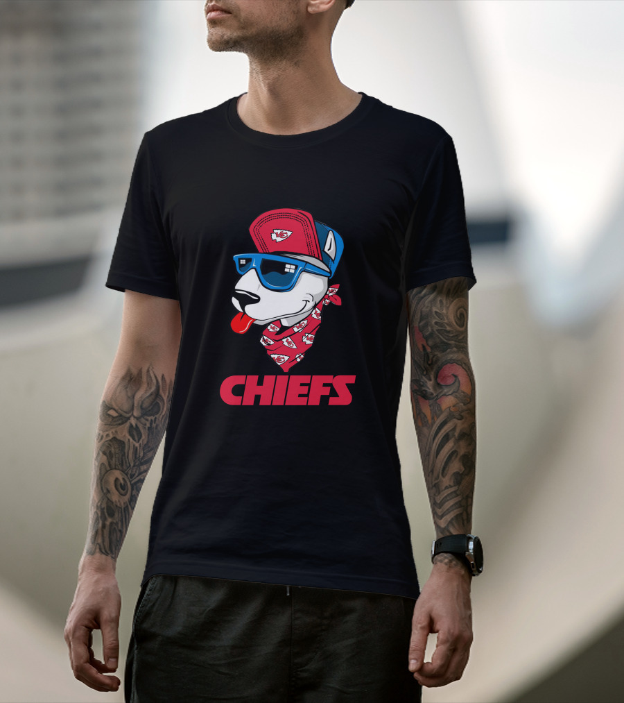 Chiefs Bull Terrier With Red Cap And Sunglasses T-Shirt
