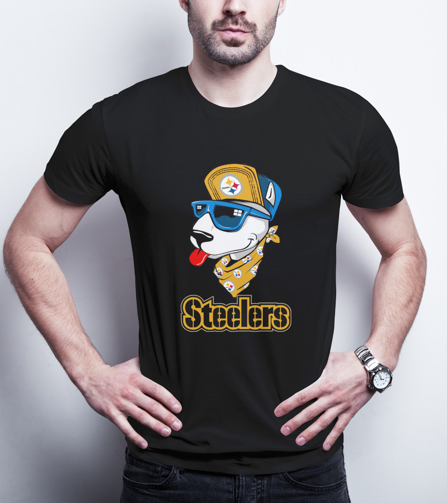 Steelers Bull Terrier Wearing Cap And Sunglasses With Logo Bandana T-Shirt