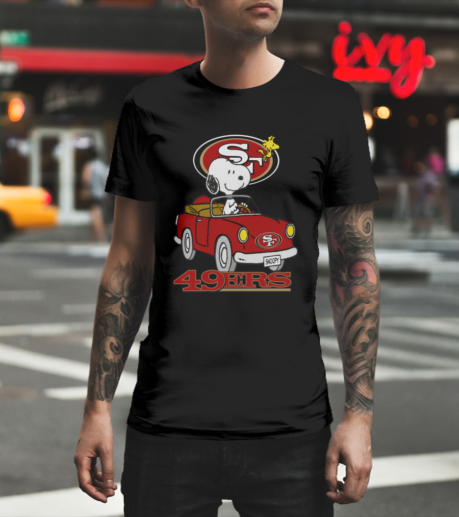 San Francisco 49ers Snoopy Driving Car With Woodstock T-Shirt