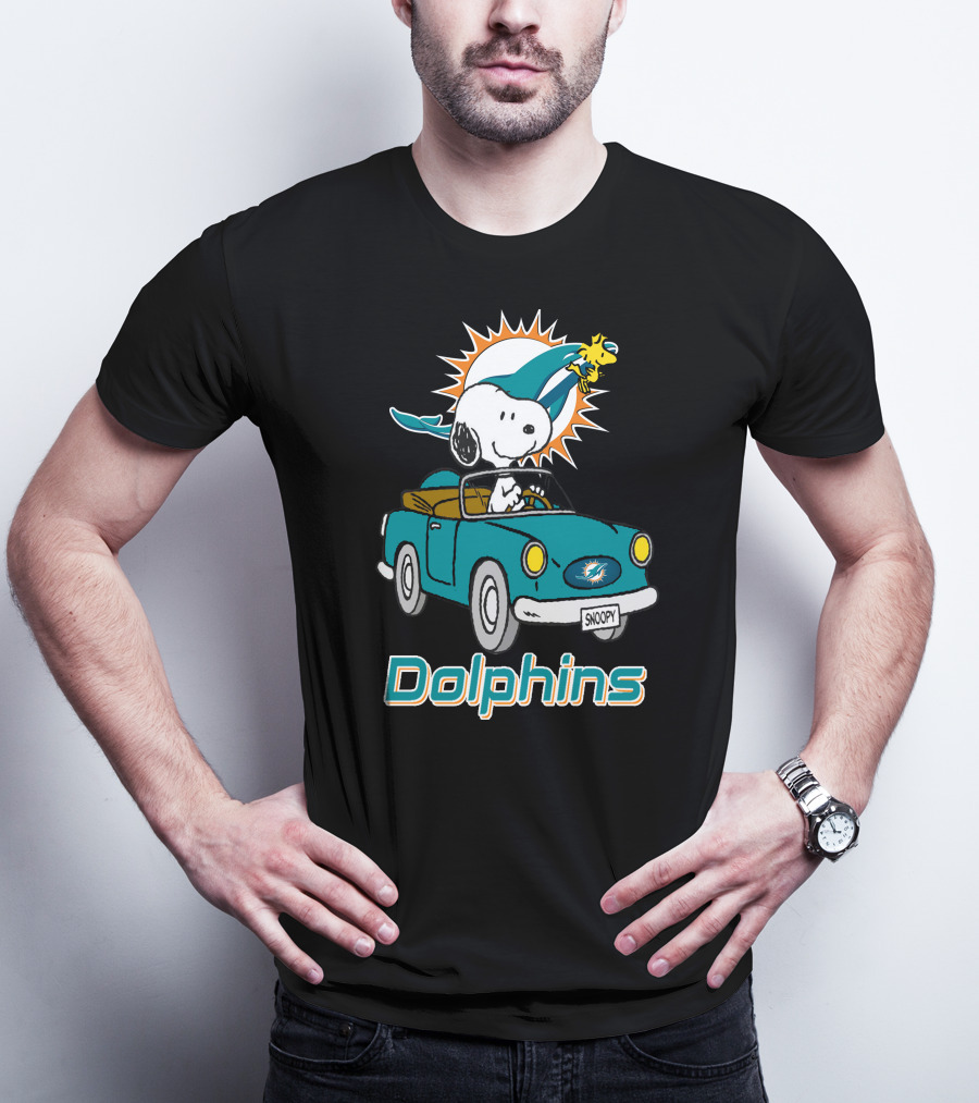 Miami Dolphins Snoopy Driving Car With Woodstock T-Shirt