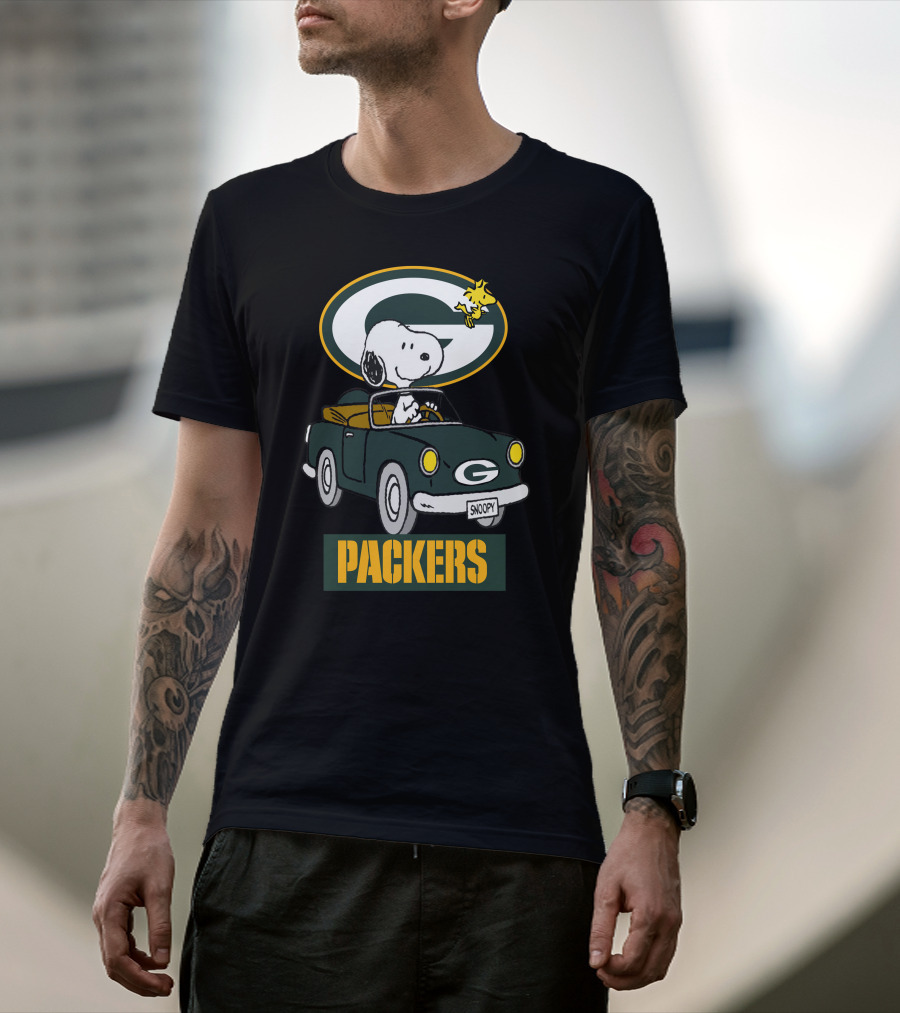 Packers Snoopy Driving Car With Woodstock And Packers T-Shirt