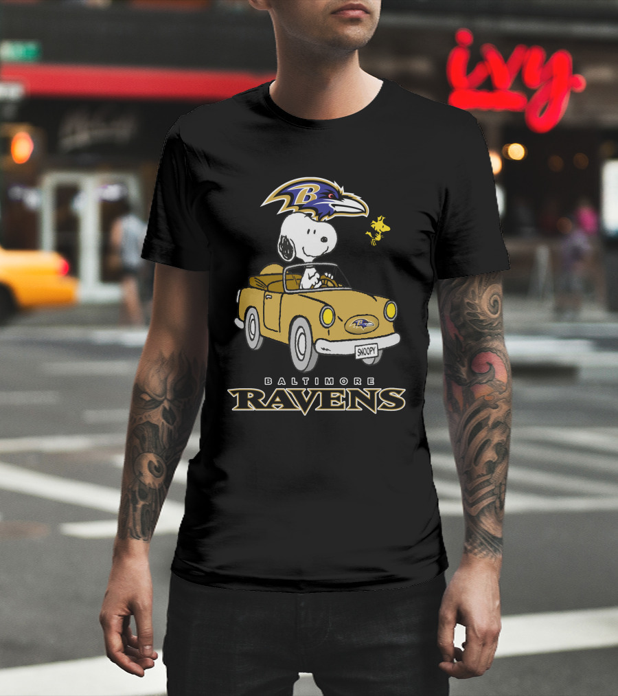 Baltimore Ravens Snoopy Driving Car With Woodstock T-Shirt