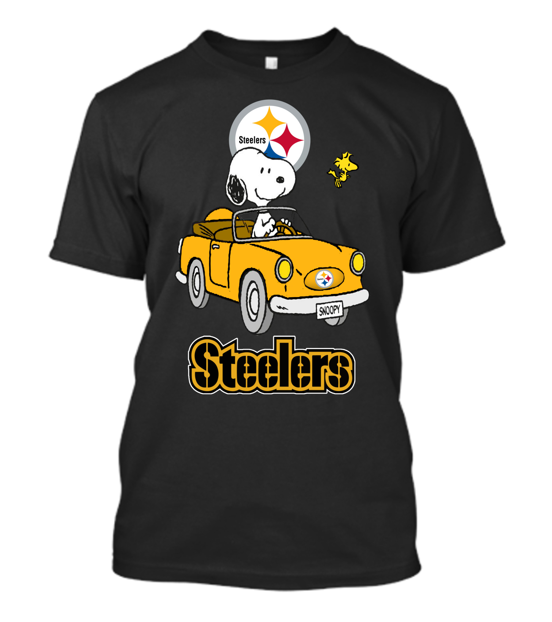 Steelers Snoopy Driving With Woodstock In Yellow Car T-Shirt
