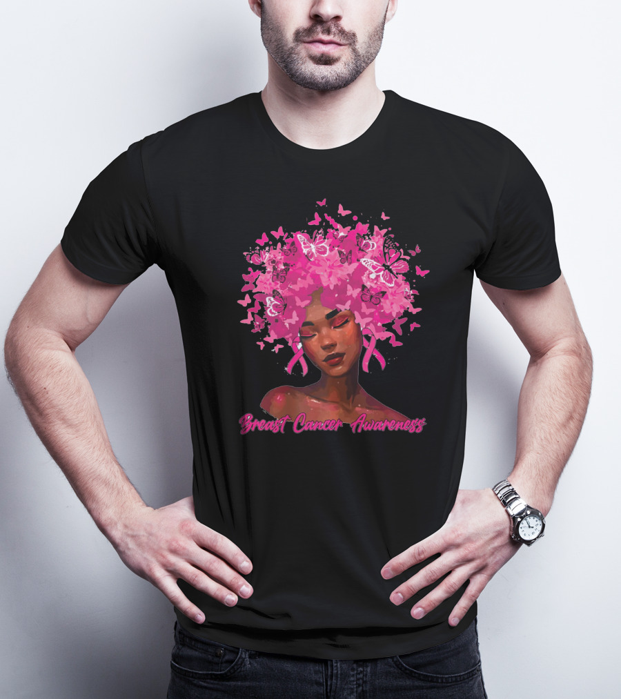 Black Queen Breast Cancer Awareness Month Butterflies Pink T-Shirt
