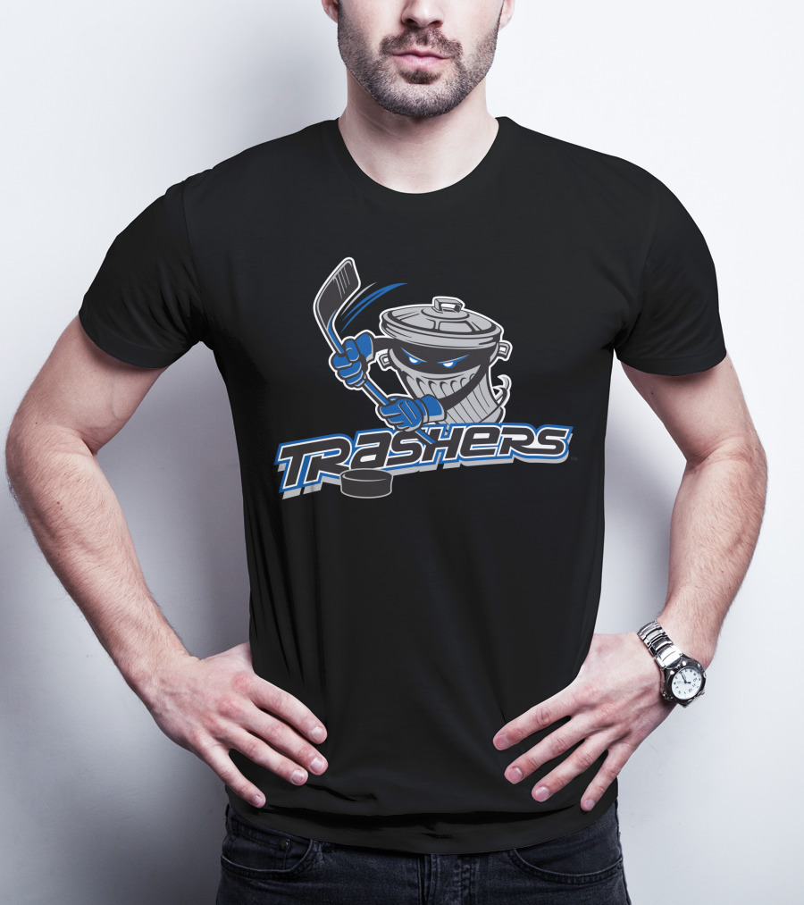 Danbury Trashers Hockey Trash Can Mascot With Stick T-Shirt