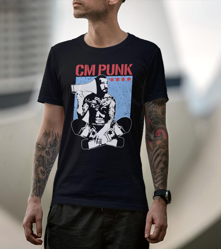 CM Punk AEW All Elite Wrestling Megaphone Graphic With Red Stars T-Shirt