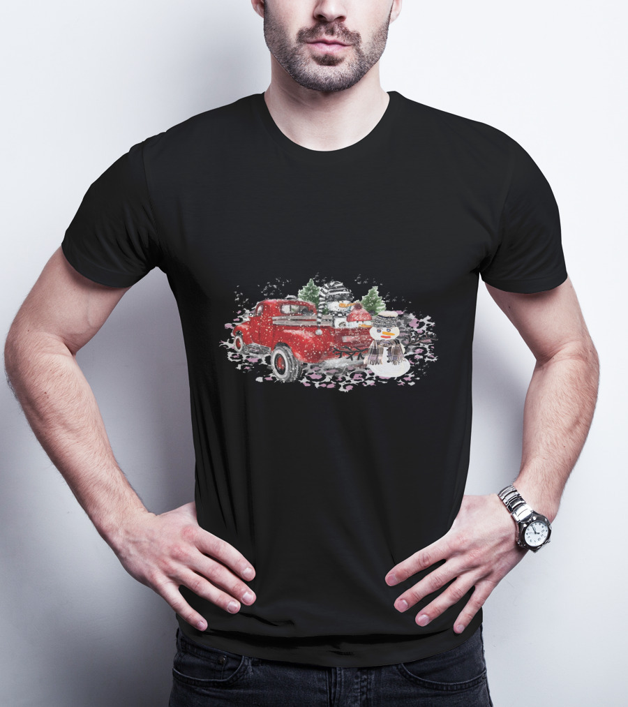 Christmas Snowman Truck Red Watercolor Snow Scene T-Shirt