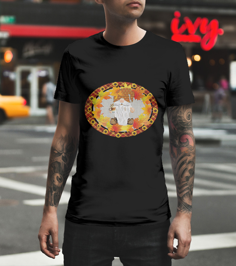 Fall Gnome With Coffee Mug Surrounded By Autumn Leaves And Sunflowers T-Shirt