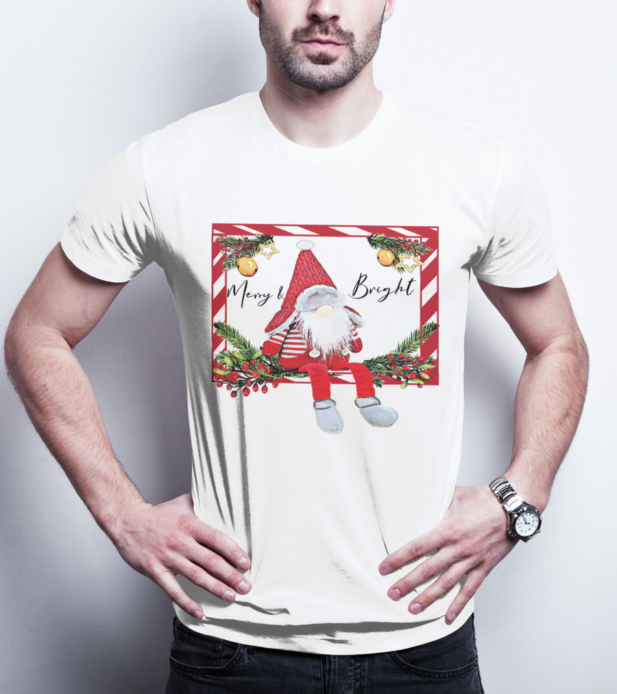 Merry And Bright Gnome Candy Cane Christmas Holiday T-Shirt