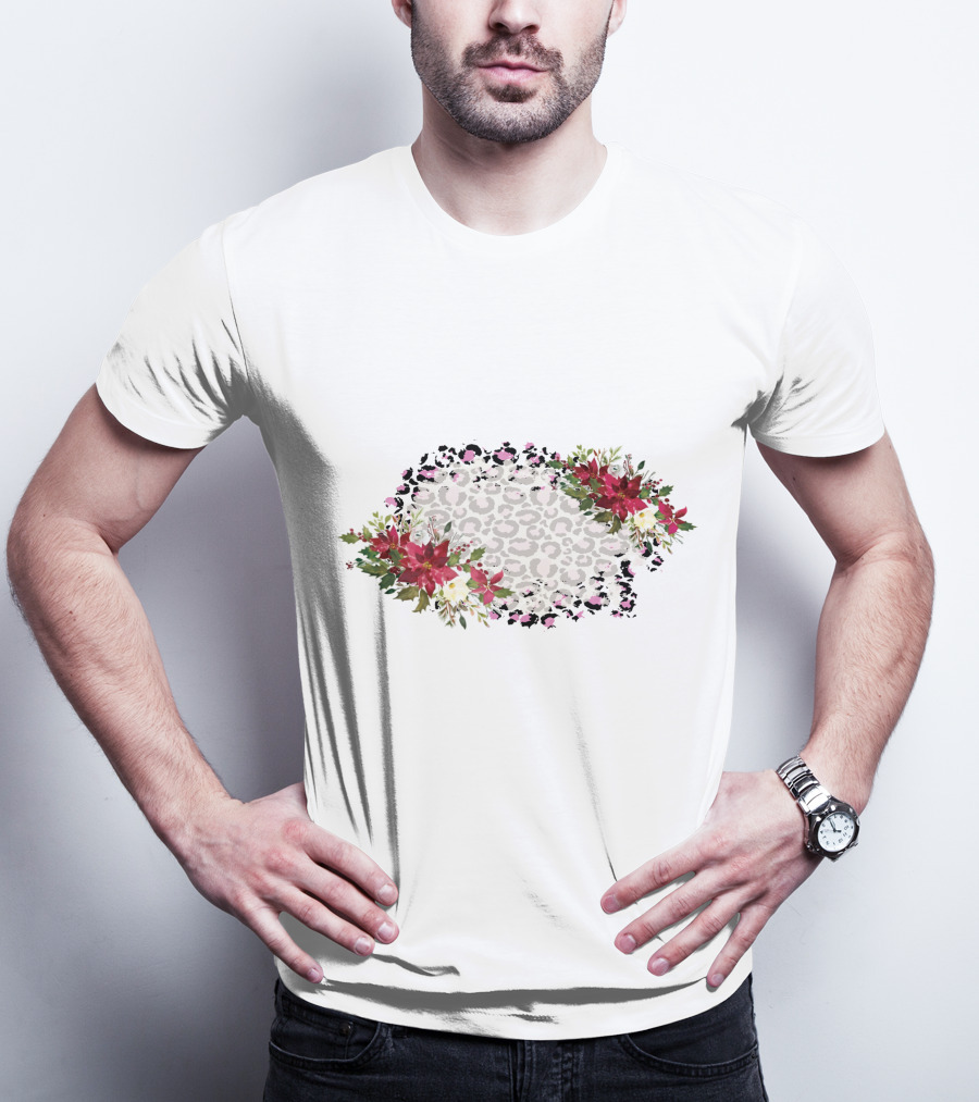 Leopard Print With Floral Poinsettia Border T-Shirt