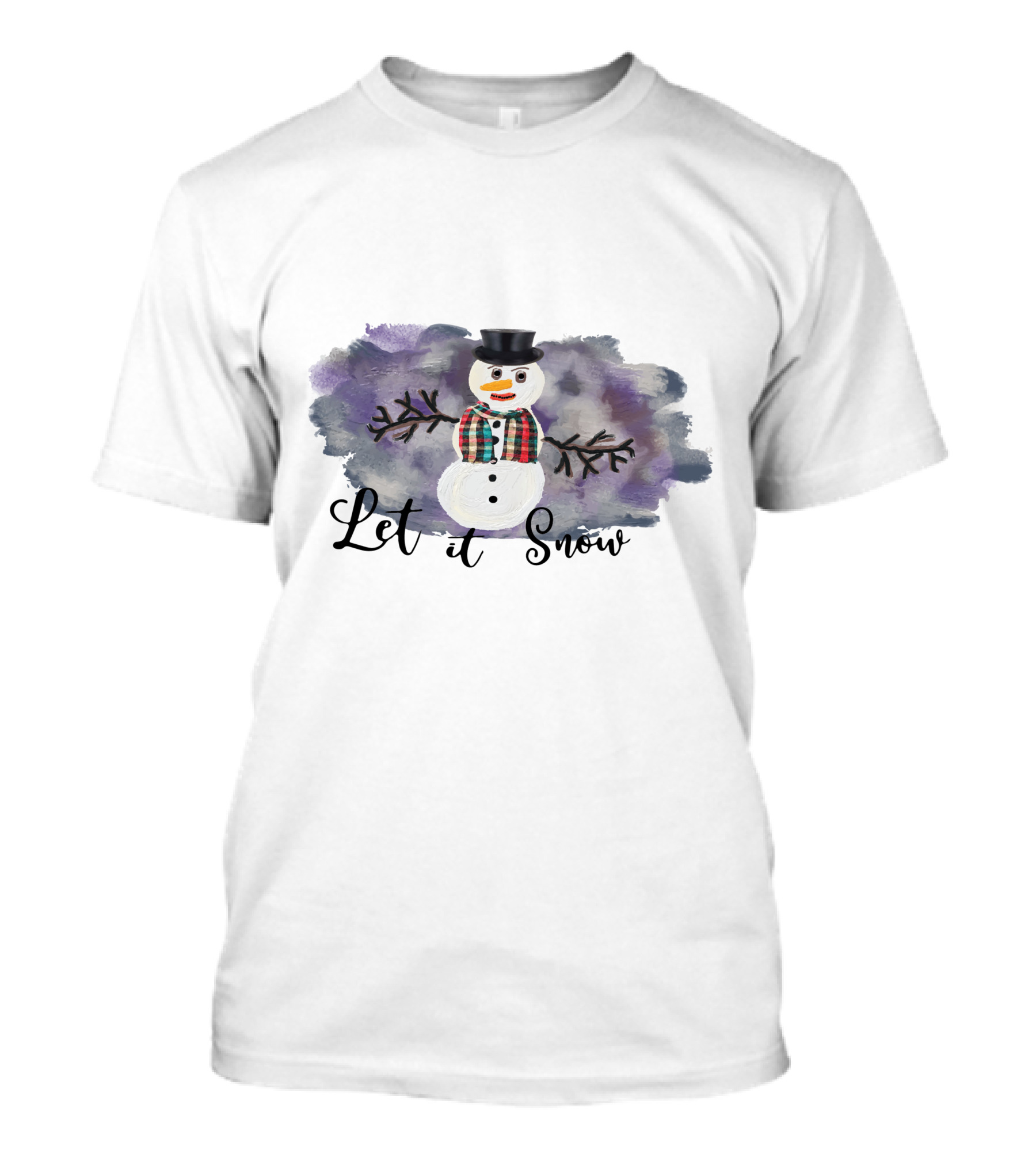 Let It Snow Hand Drawn Snowman Plaid Scarf Top Hat T-Shirt