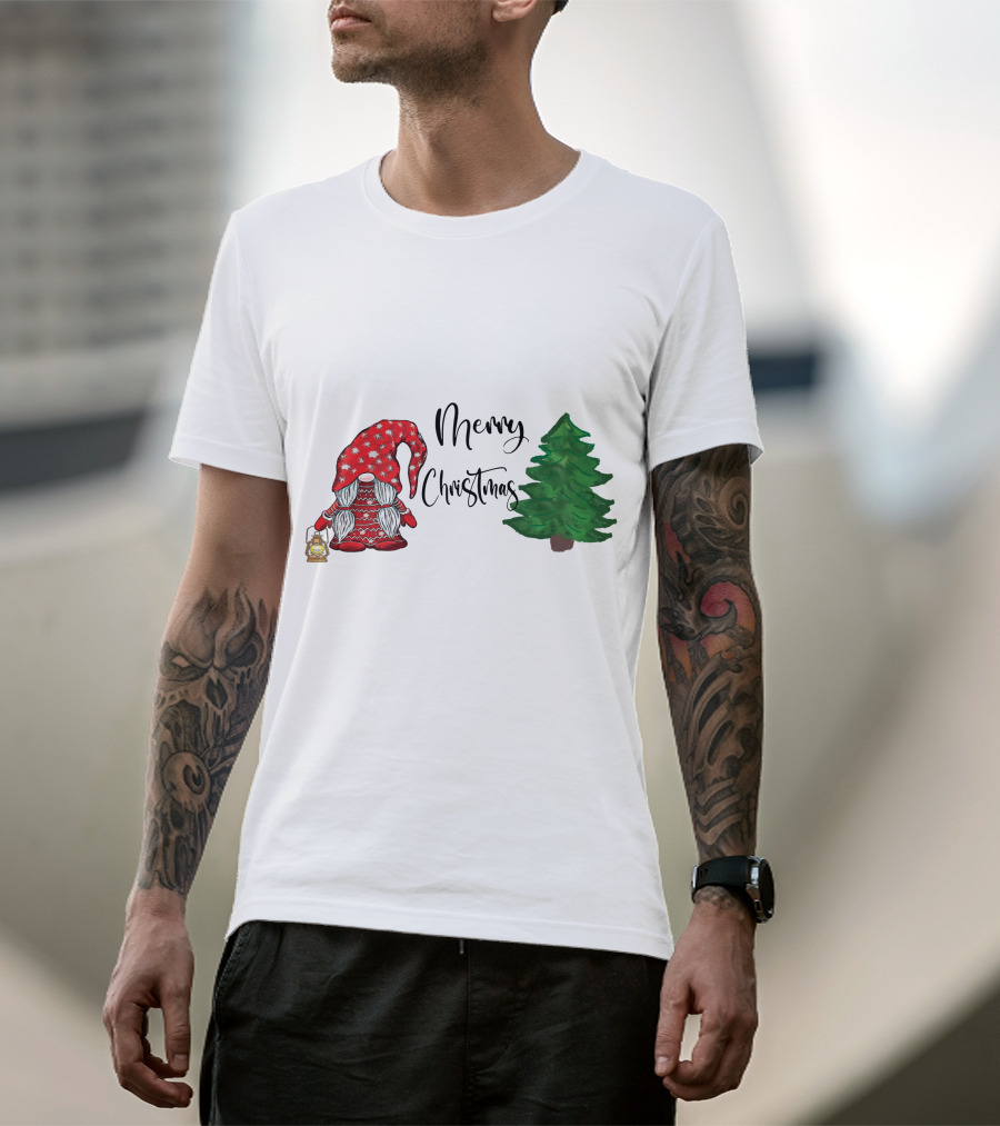 Merry Christmas Gnome With Lantern And Pine Tree T-Shirt