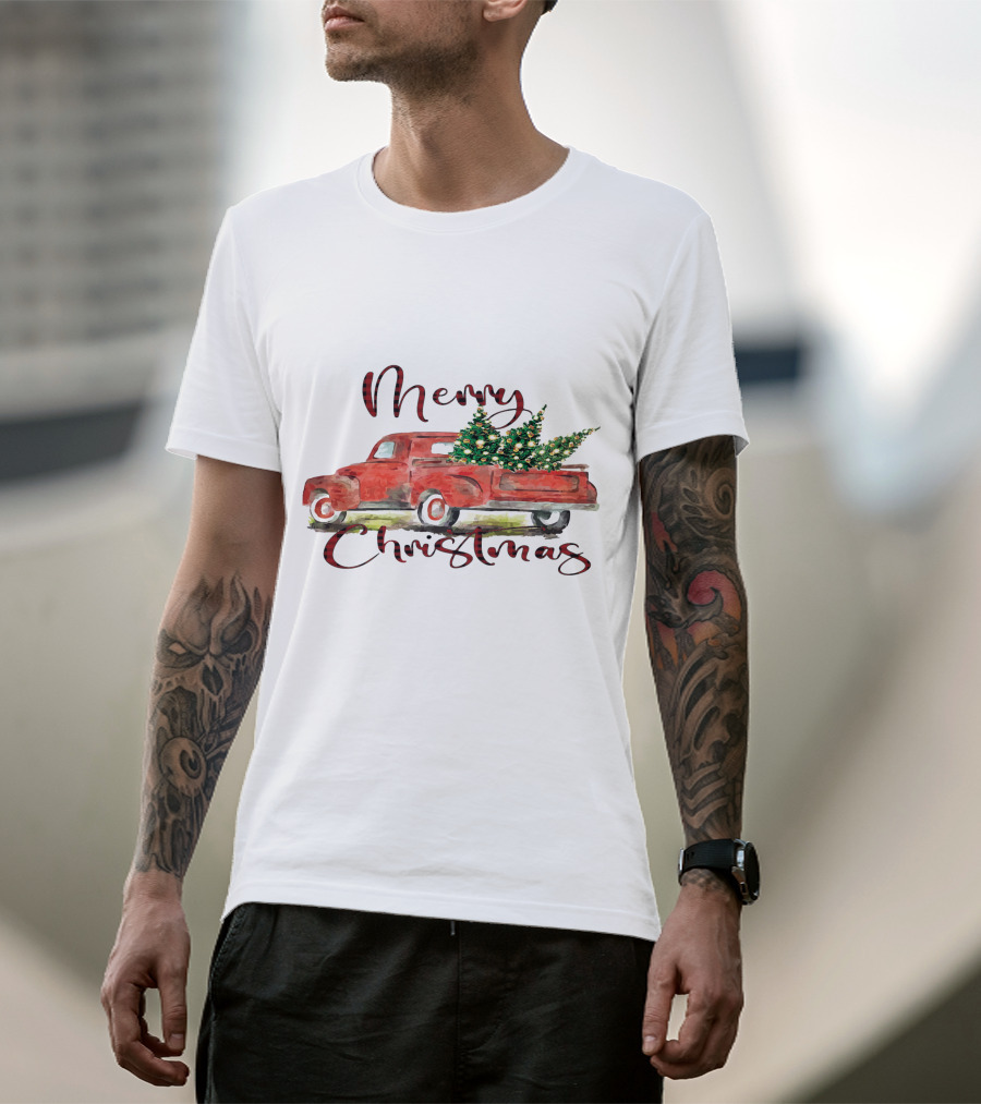 Merry Christmas Red Truck With Festive Tree T-Shirt