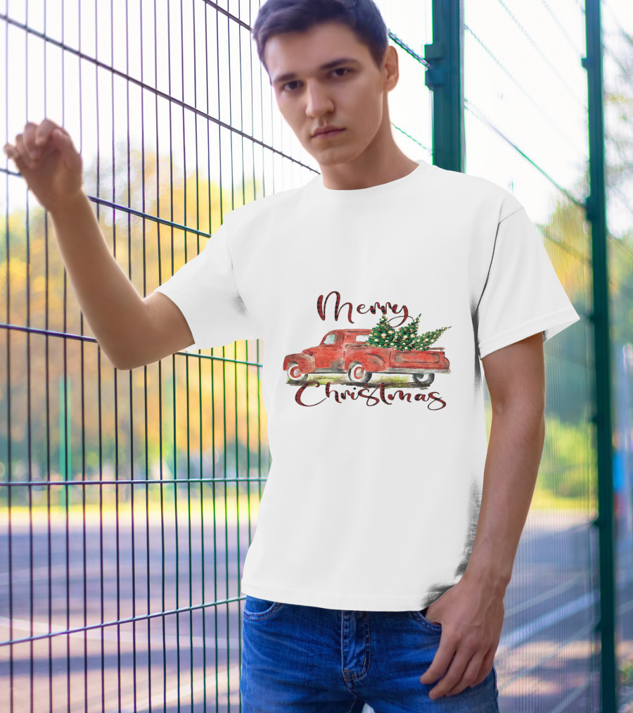 Merry Christmas Red Truck With Festive Tree T-Shirt