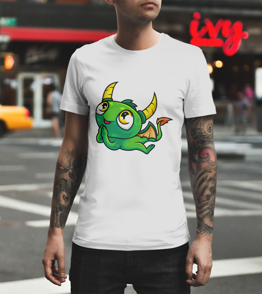 Cute Green Dragon Kawaii Cartoon Character With Horns And Wings T-Shirt