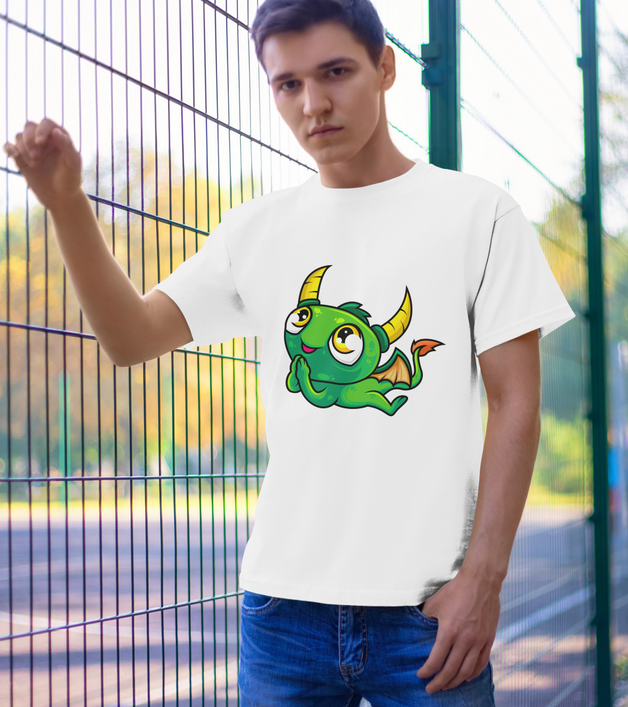 Cute Green Dragon Kawaii Cartoon Character With Horns And Wings T-Shirt