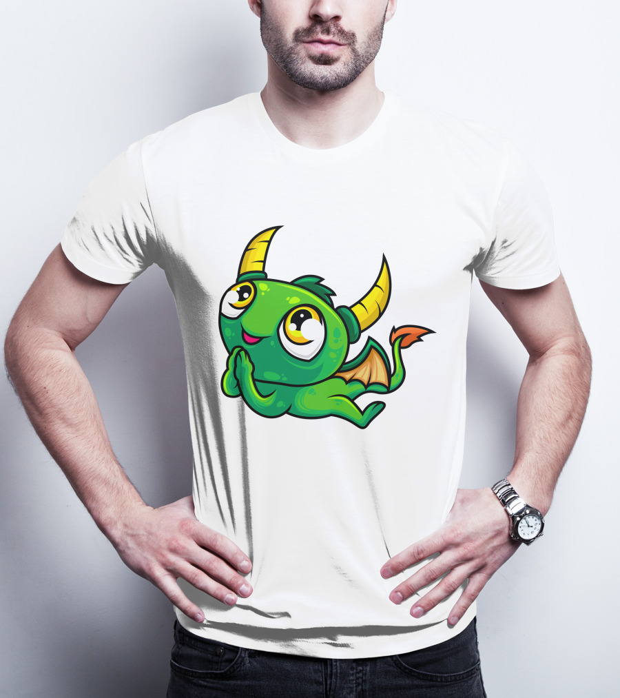 Cute Green Dragon Kawaii Cartoon Character With Horns And Wings T-Shirt