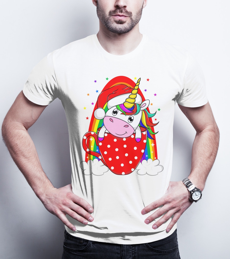 Unicorn In Santa Hat With Rainbow And Red Polka Dot Cup T-Shirt