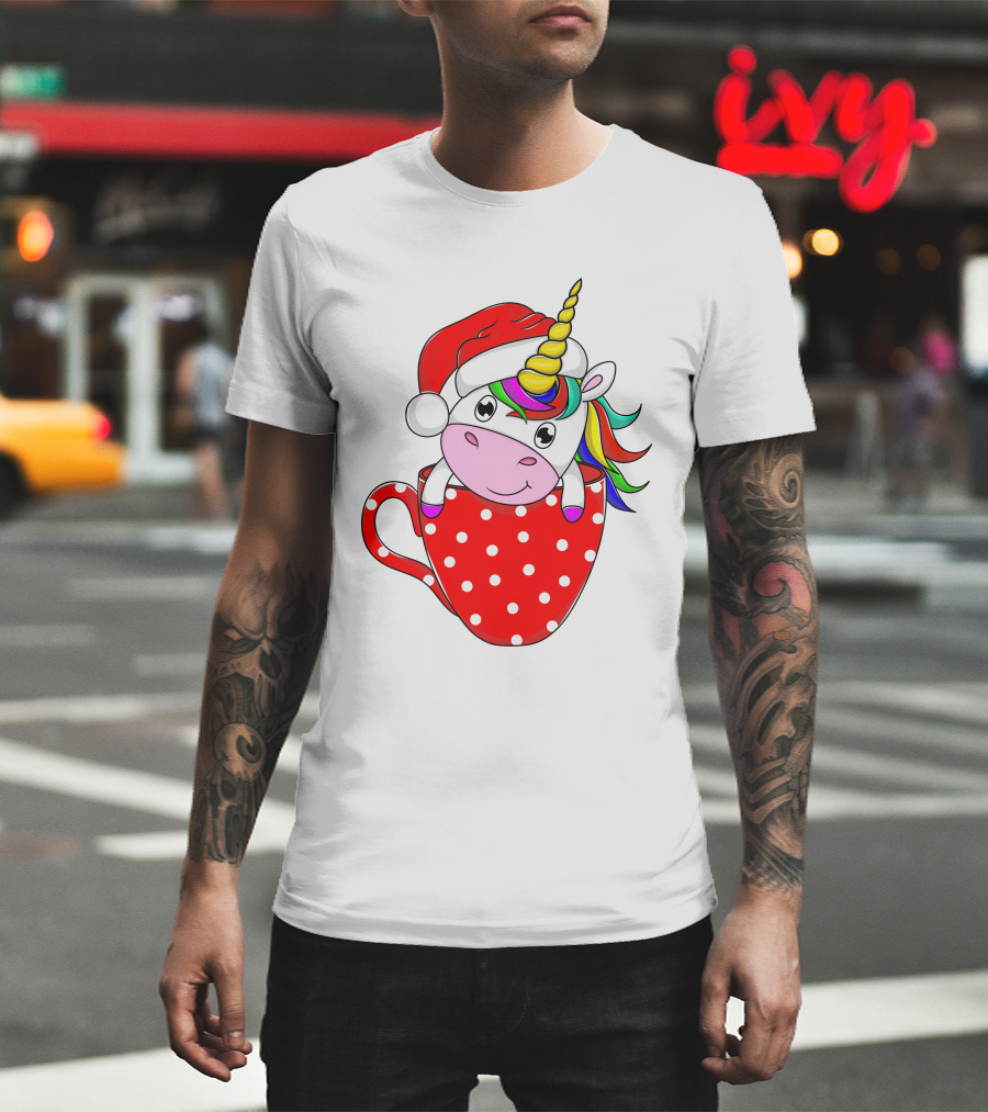 Santa Hat Unicorn In Polka Dot Red Cup T-Shirt