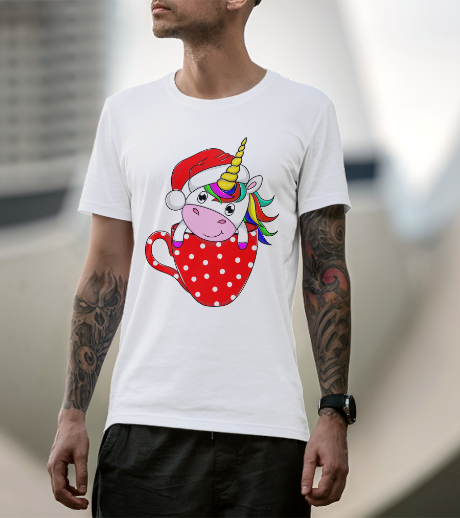 Santa Hat Unicorn In Polka Dot Red Cup T-Shirt