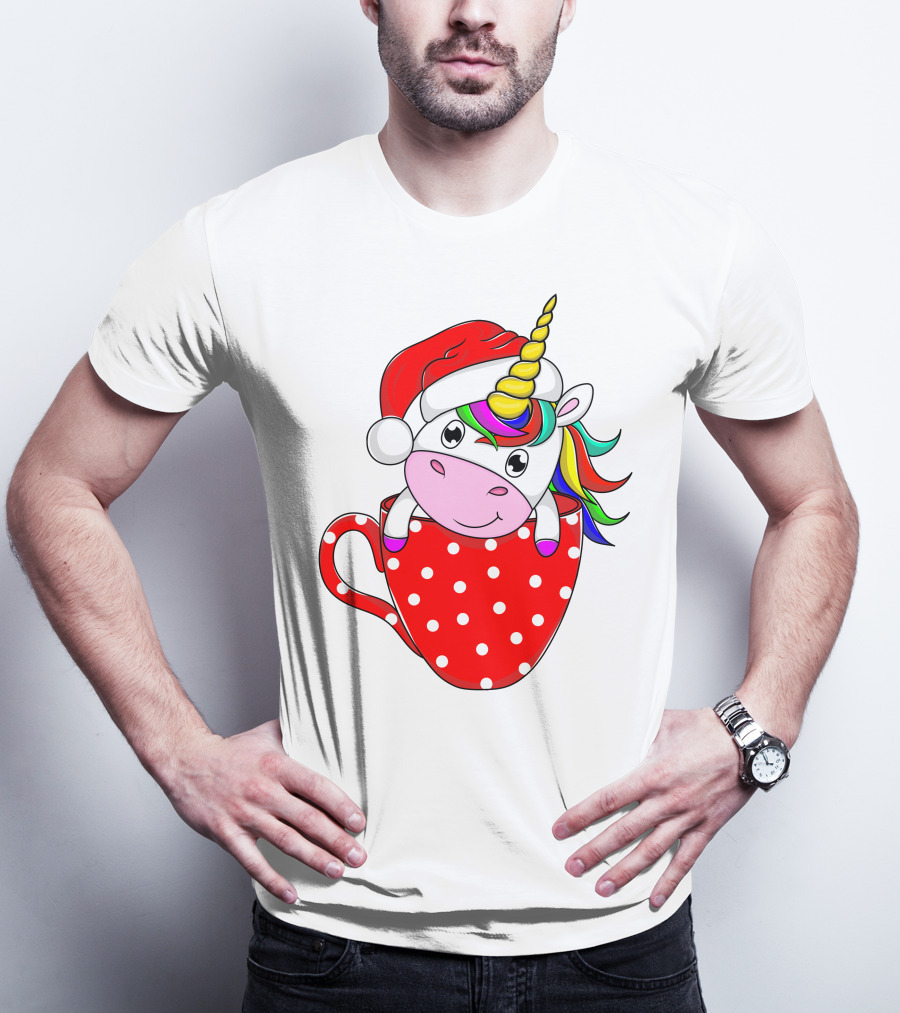 Santa Hat Unicorn In Polka Dot Red Cup T-Shirt