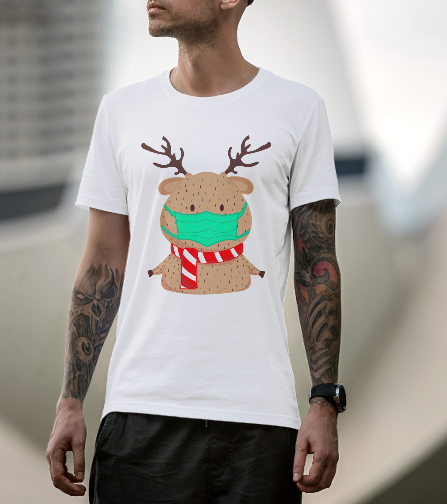 Reindeer Wearing Green Face Mask And Red White Scarf T-Shirt
