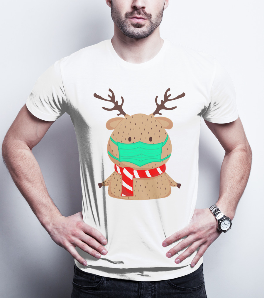 Reindeer Wearing Green Face Mask And Red White Scarf T-Shirt
