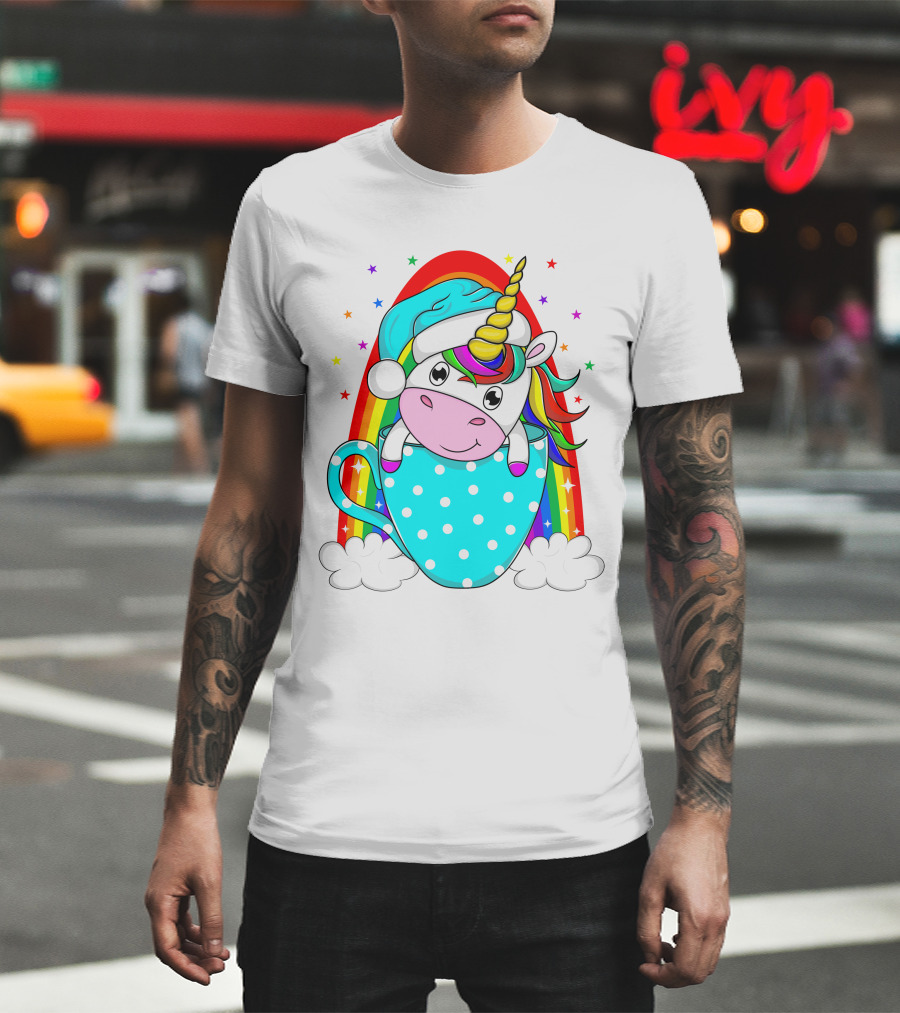 Unicorn In Polka Dot Blue Cup With Rainbow And Stars T-Shirt