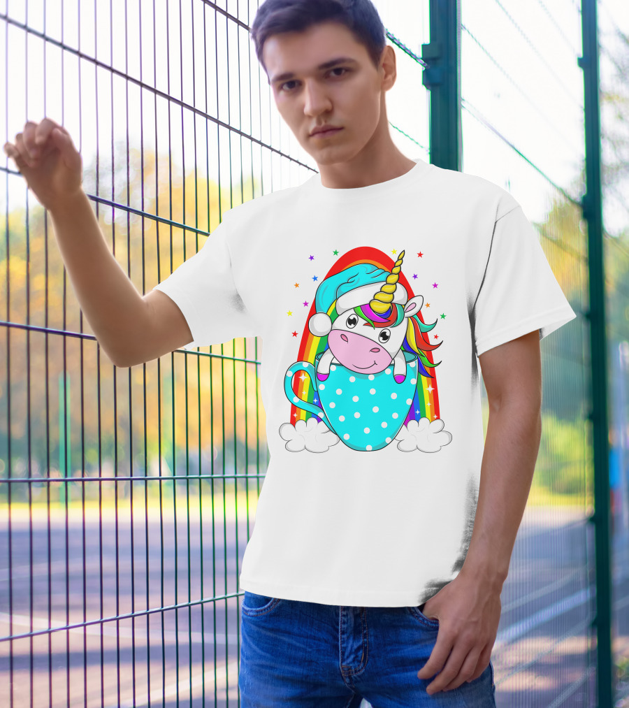 Unicorn In Polka Dot Blue Cup With Rainbow And Stars T-Shirt