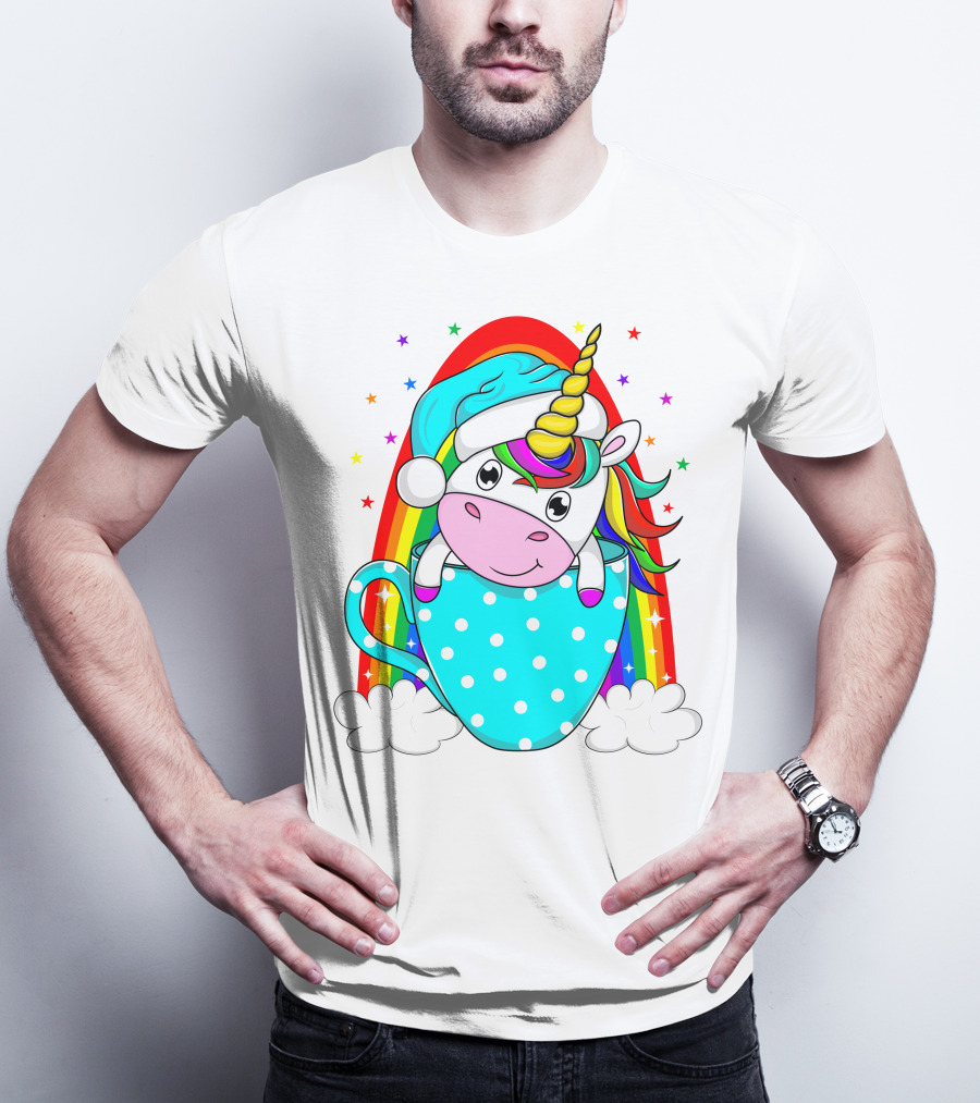 Unicorn In Polka Dot Blue Cup With Rainbow And Stars T-Shirt