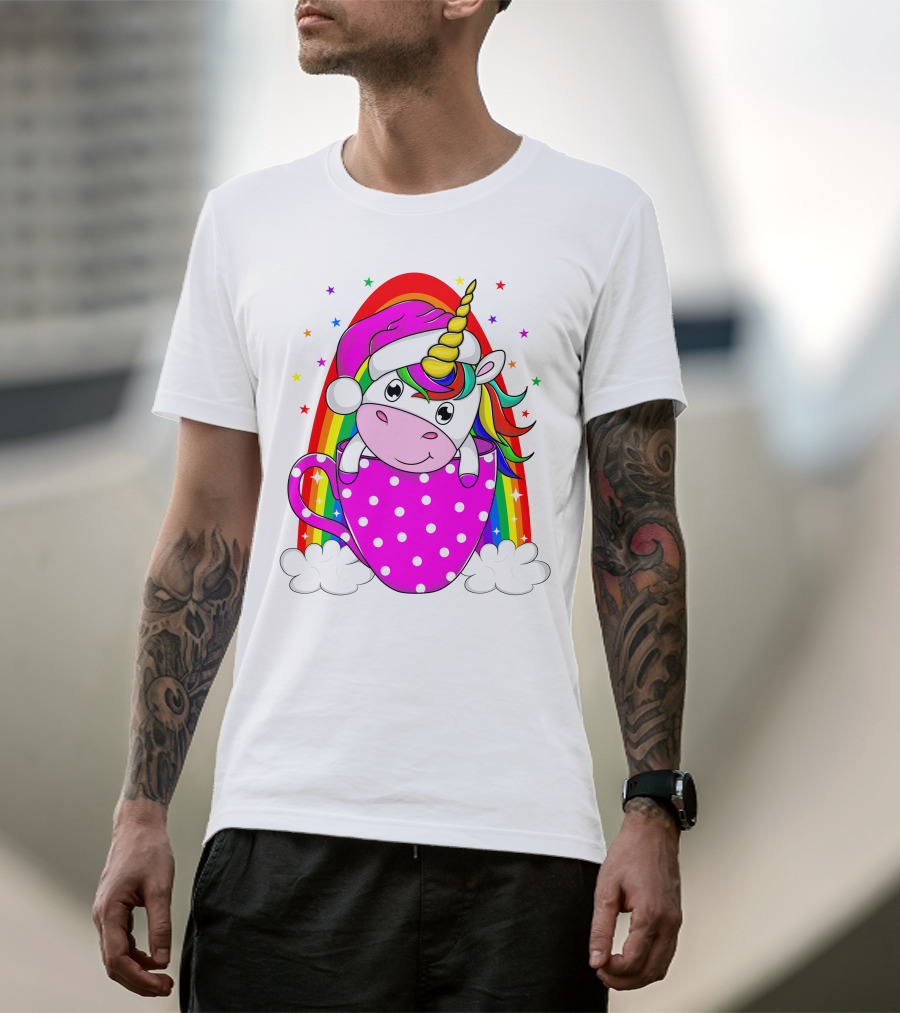 Unicorn Rainbow Santa In Pink Polka Dot Cup T-Shirt