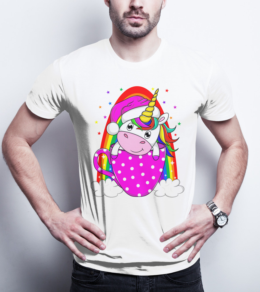 Unicorn Rainbow Santa In Pink Polka Dot Cup T-Shirt