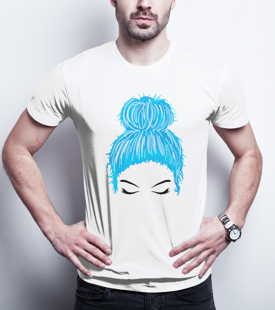 Messy Bun Blue Hair Momlife Trendy Hairstyle Sketch T-Shirt
