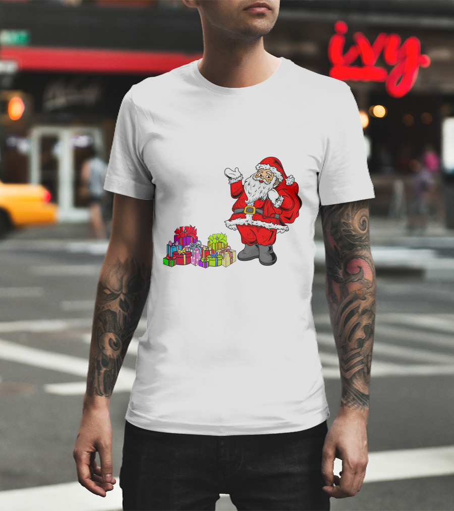 Santa Claus Joyfully Delivering Colorful Presents T-Shirt