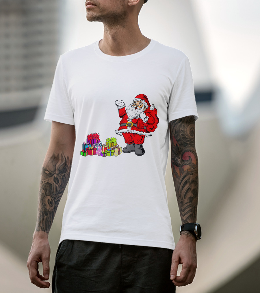 Santa Claus Joyfully Delivering Colorful Presents T-Shirt