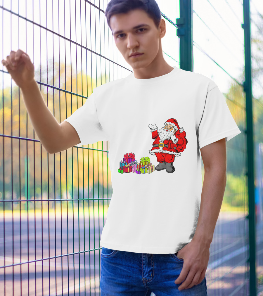 Santa Claus Joyfully Delivering Colorful Presents T-Shirt
