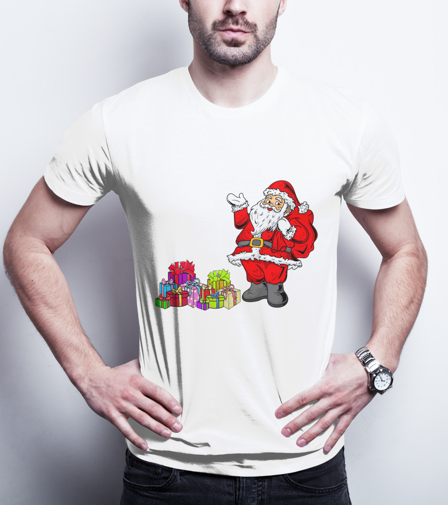 Santa Claus Joyfully Delivering Colorful Presents T-Shirt