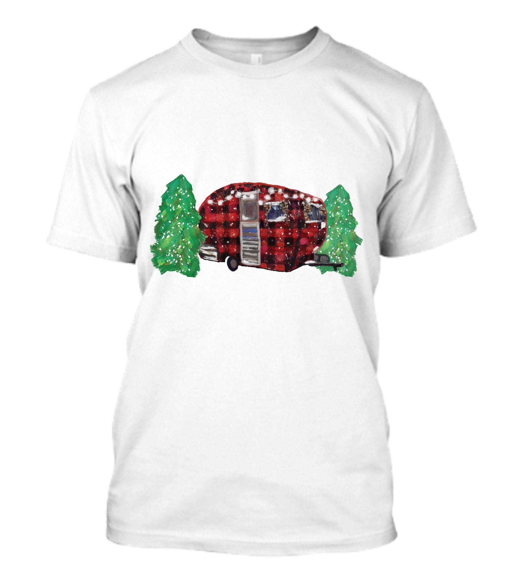 Watercolor Christmas Buffalo Plaid Camper With Trees T-Shirt