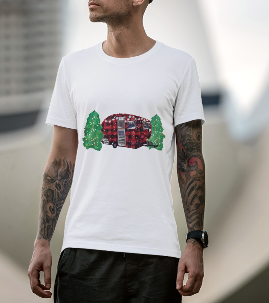 Watercolor Christmas Buffalo Plaid Camper With Trees T-Shirt