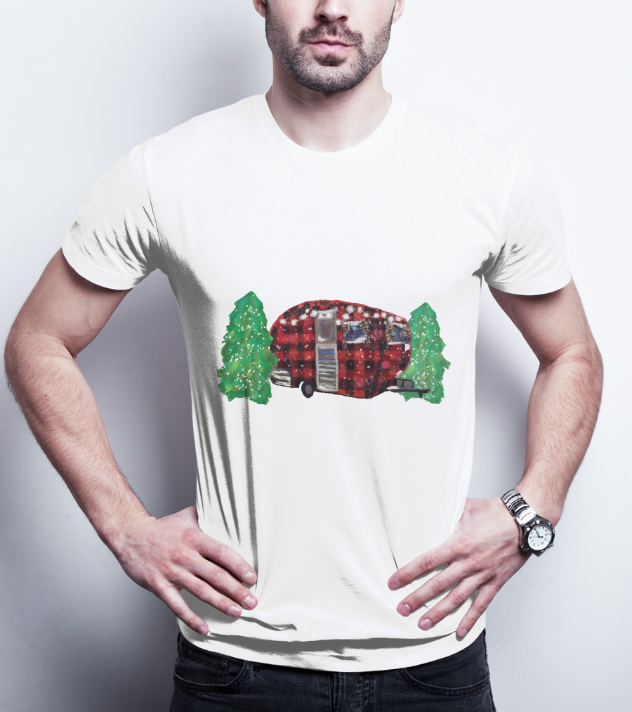 Watercolor Christmas Buffalo Plaid Camper With Trees T-Shirt
