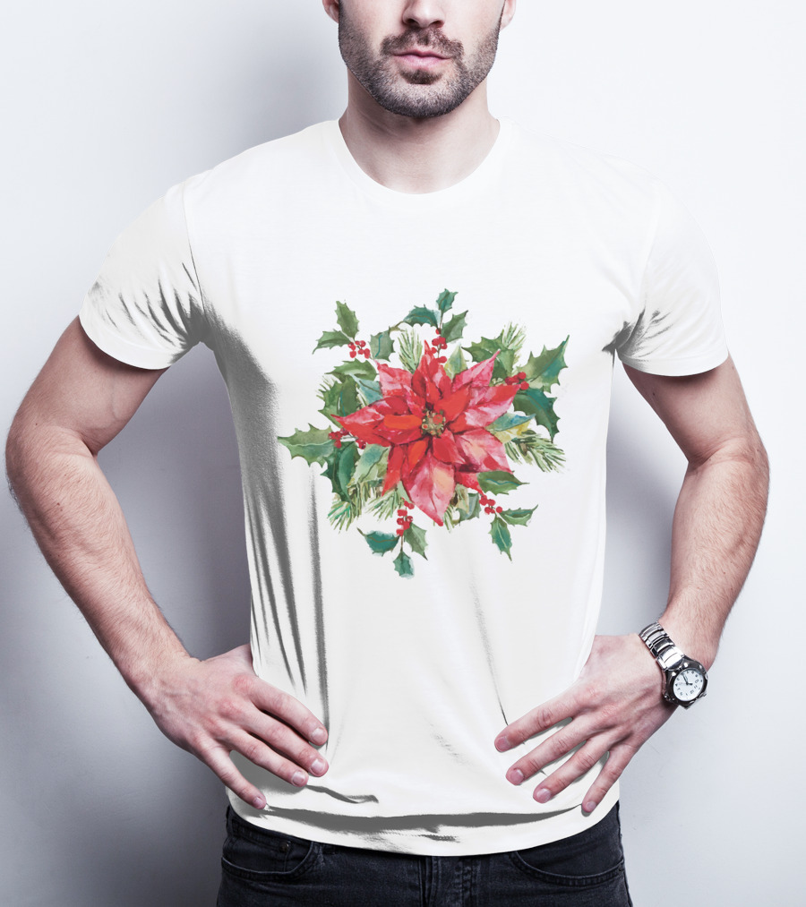 Watercolor Christmas Poinsettia With Holly Leaves And Berries T-Shirt