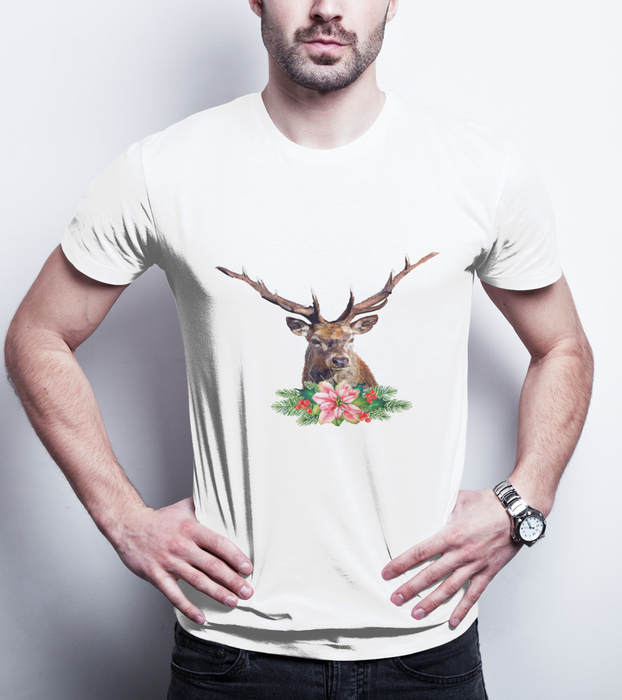 Watercolor Christmas Reindeer With Poinsettia And Pine Branches T-Shirt