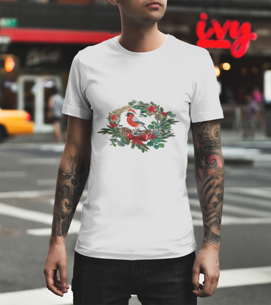 Watercolor Christmas Wreath With Bird And Holiday Decorations T-Shirt