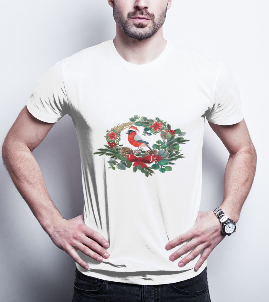 Watercolor Christmas Wreath With Bird And Holiday Decorations T-Shirt