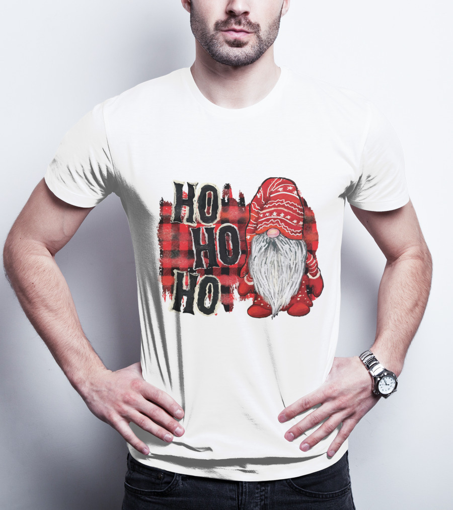 Watercolor Plaid Christmas Gnome Ho Ho Ho Red Holiday T-Shirt