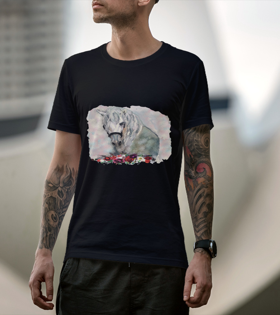 Watercolor White Horse With Floral Accents T-Shirt
